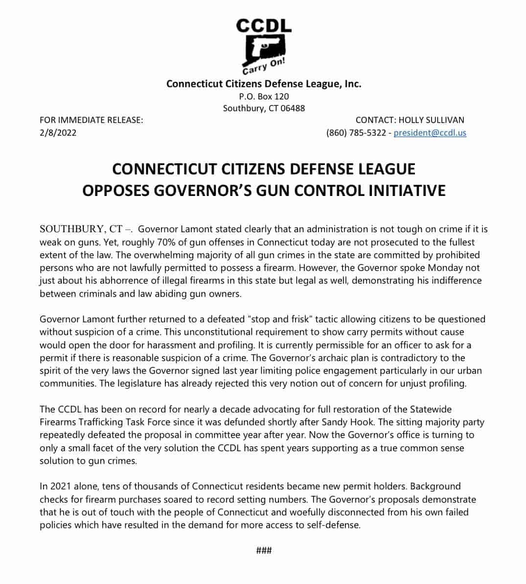 CCDL OPPOSES GOVERNOR’S GUN CONTROL INITIATIVE - Connecticut Citizens ...