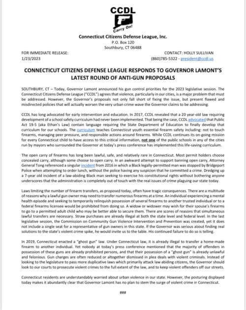 CCDL TO GOVERNOR LAMONT’S LATEST ROUND OF ANTI-GUN PROPOSALS